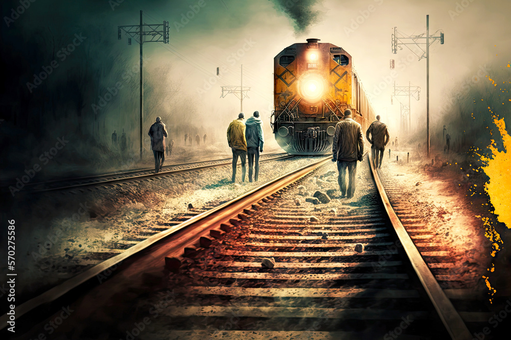 fear and rescue people walking on sleepers and rails past train after ...