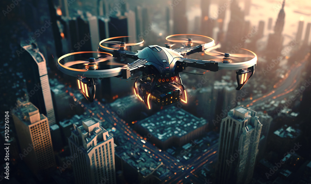 A drone flying over a cityscape, capturing aerial footage Stock ...