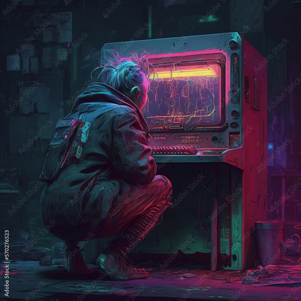 punk girl in a data center analysis cyber punk room, generative ai ...