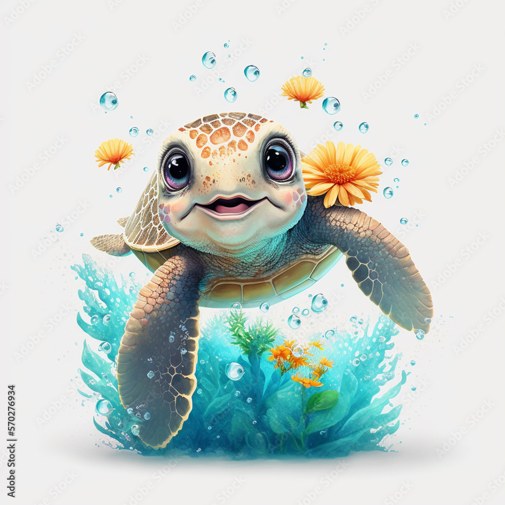 a cute sea turtle, big eyes, smiling, friendly expression, swimming ...