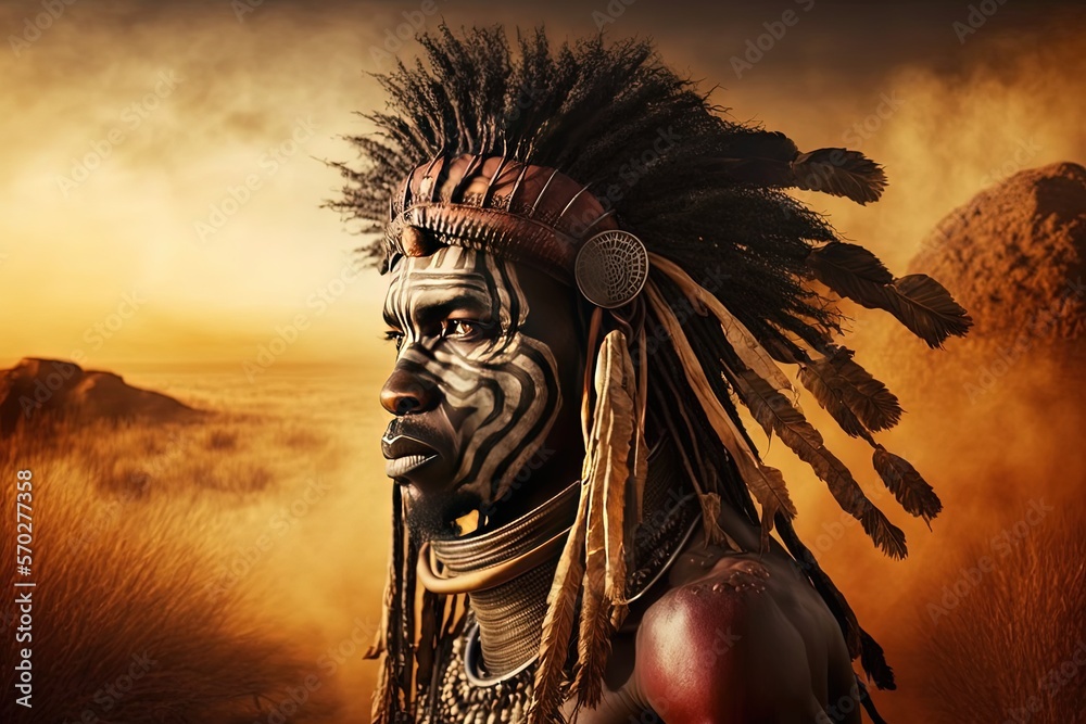 close up portrait of African tribe man wearing make up an d traditional ...