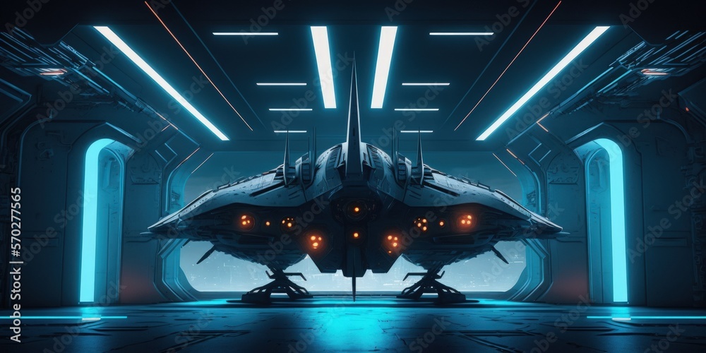 Sci fi futuristic modern spaceship illuminated by blue white neon laser ...