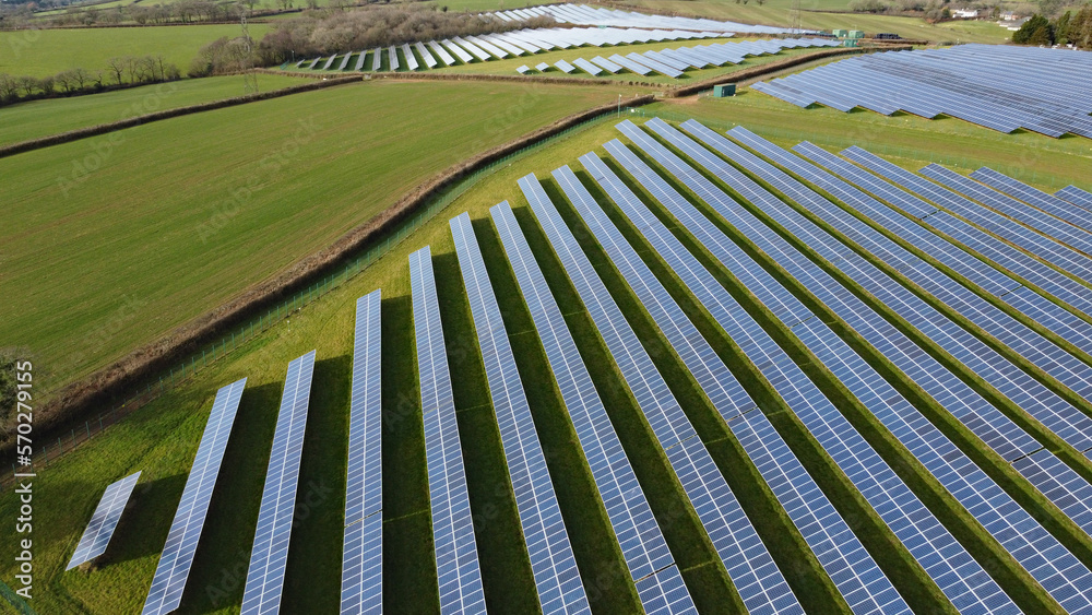 Solar panel farm aerial view with good copy space. Fields full of solar ...