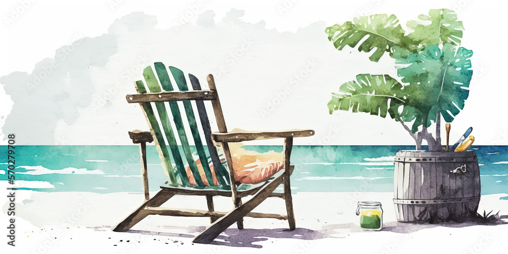 Retirement Chair on beach - Watercolor (Generative AI Art) Stock ...
