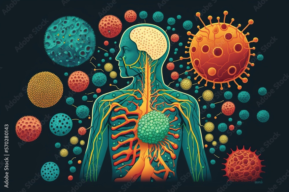 Illustration of human immune system with colorful cells antibodies and ...