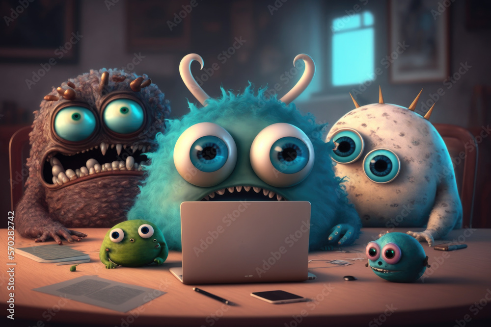 Cute little monsters having a video call on a laptop — Generative AI ...