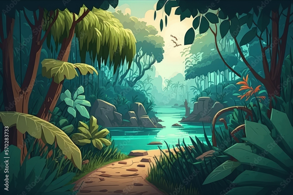 Fantasy jungle setting with a turquoise tropical lake and path through ...