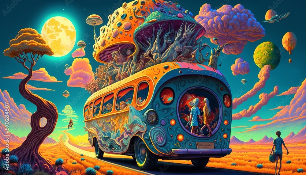 Hippy Bus. Post-produced generative AI digital illustration. Stock ...