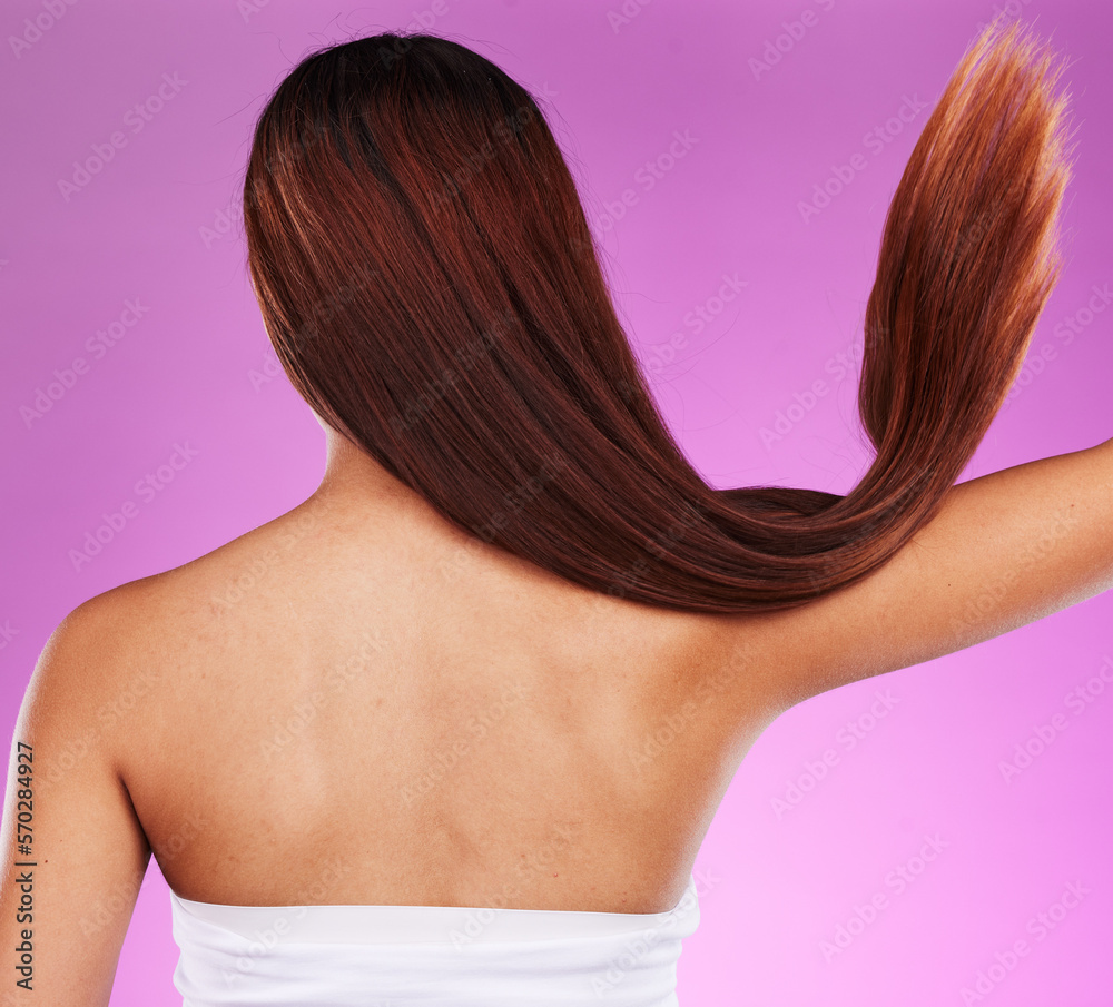 Back, woman and hair motion in studio with color dye, beauty and salon ...