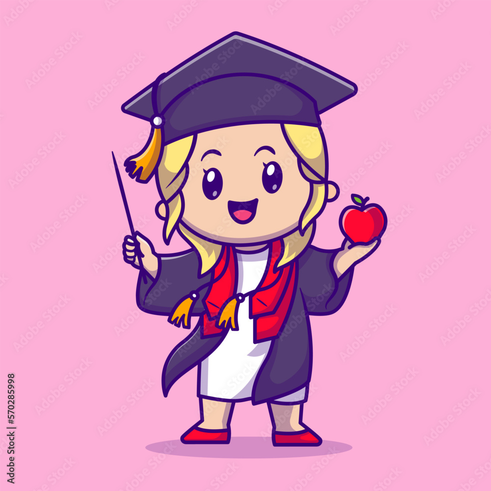 Cute Girl Graduation Cartoon Vector Icon Illustration. People Graduation Icon Concept Isolated ...