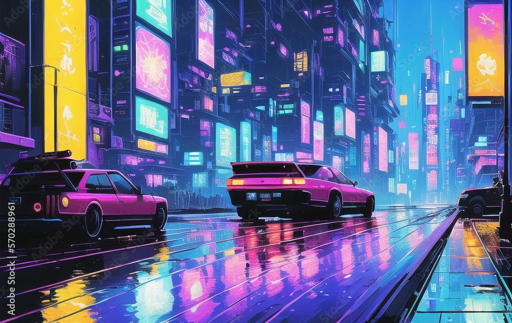 Cyberpunk Poster 80s style. Retro style, neon, futuristic, landscape ...