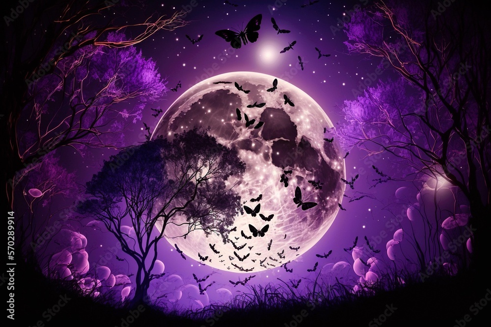 Magical fantasy romantic night background with full moon and glowing ...