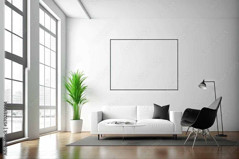 Front view on bright studio room interior with empty white poster ...