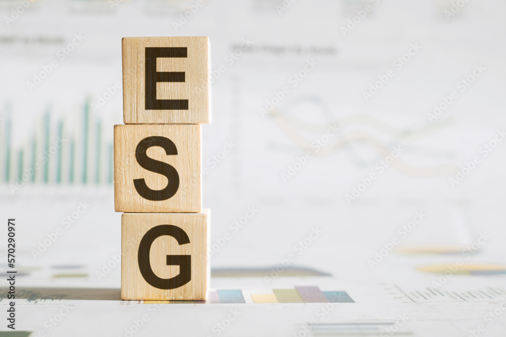 Wooden cube with the letter from the ESG word. ESG - short for ...