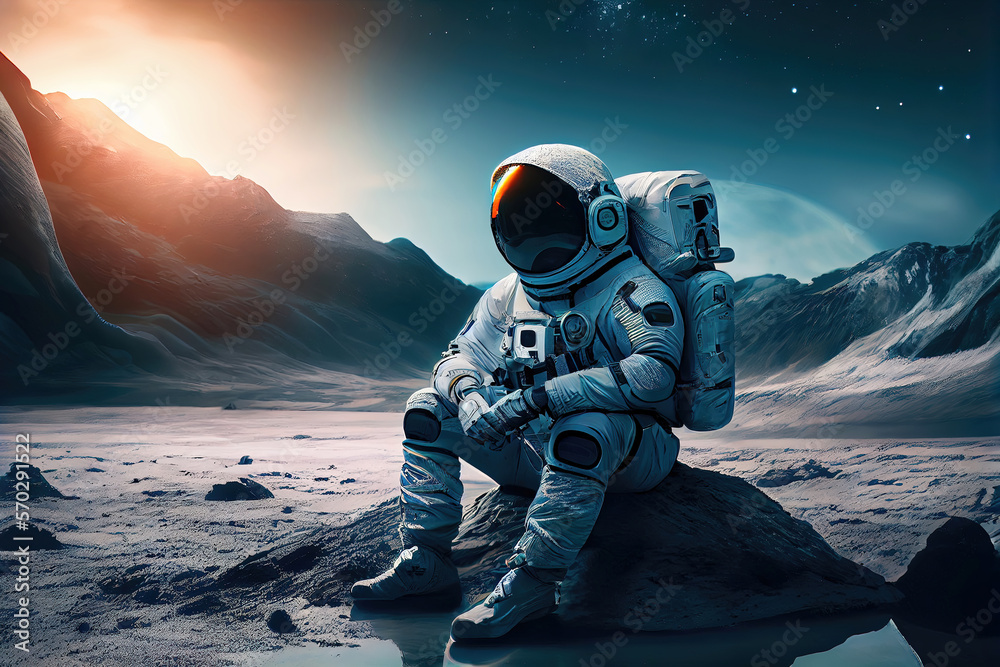 Astronaut sitting on alien planet (Generative AI) Stock Illustration ...
