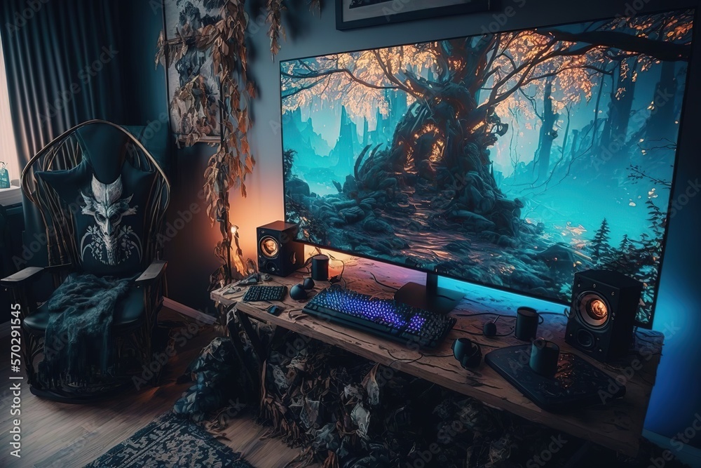 coder set up in a room with beautiful lighting with a computer, laptop ...