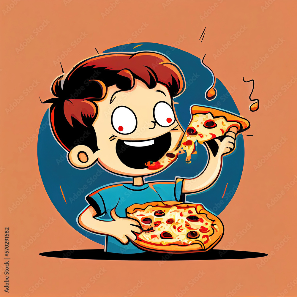 Cute cartoon boy eating pizza slice with cheese (Generative AI) Stock ...