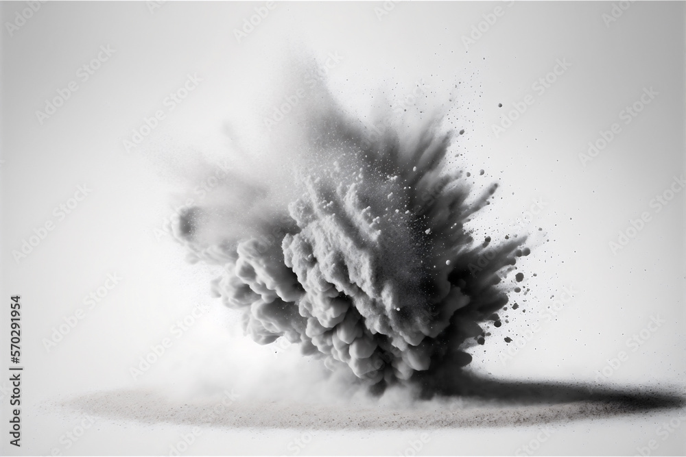 Monochrome gray powder explosion isolated on white background ...