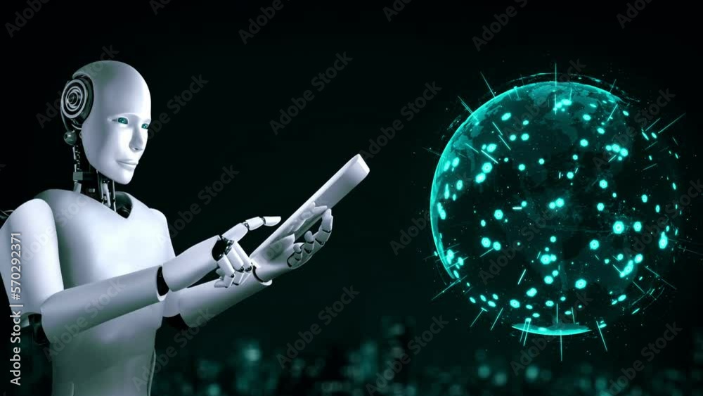 Robot hominoid using tablet computer for global network connection using AI thinking brain ...