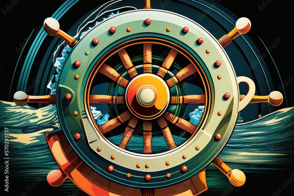 Wheel of a cruise ship. The boat's steering wheel in closeup. system ...