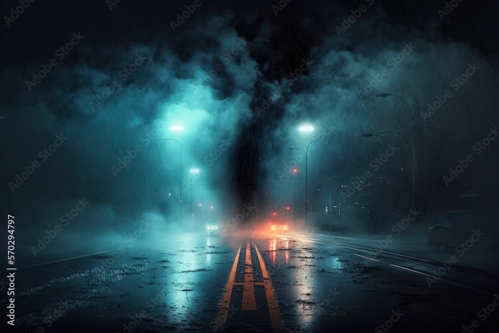 a searchlight, smoke, neon lights reflected in wet asphalt. Dark ...