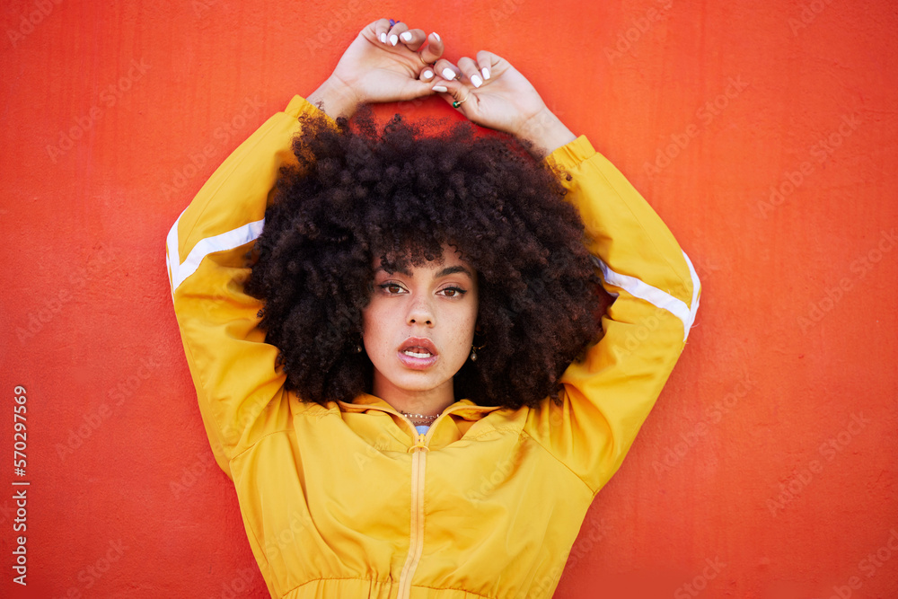 Portrait, fierce and black woman with attitude, power and empowerment ...