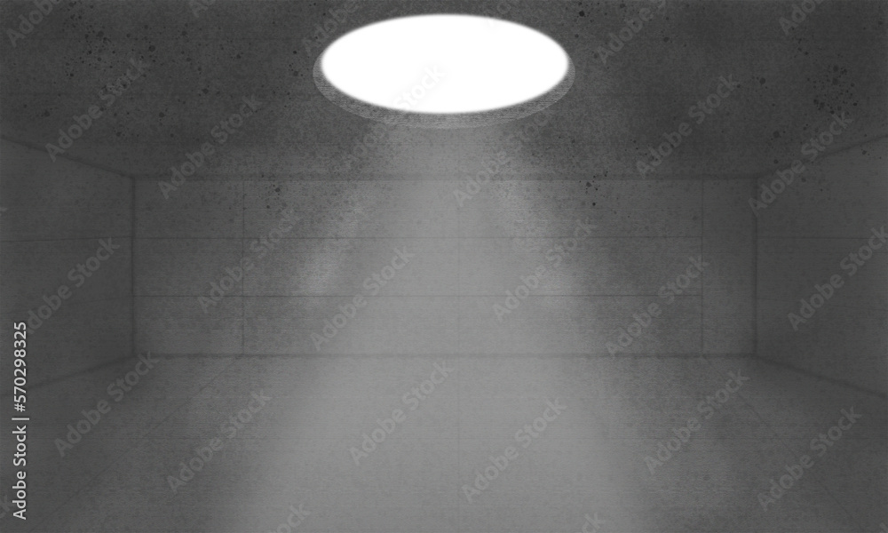 Spot light is shining from celing in an empty room with cement walls ...