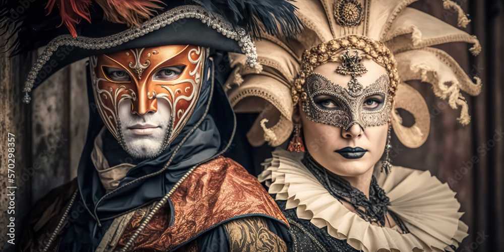 Elegant people in masquerade carnival mask at Venice Carnival. Beautiful women and men wearing ...