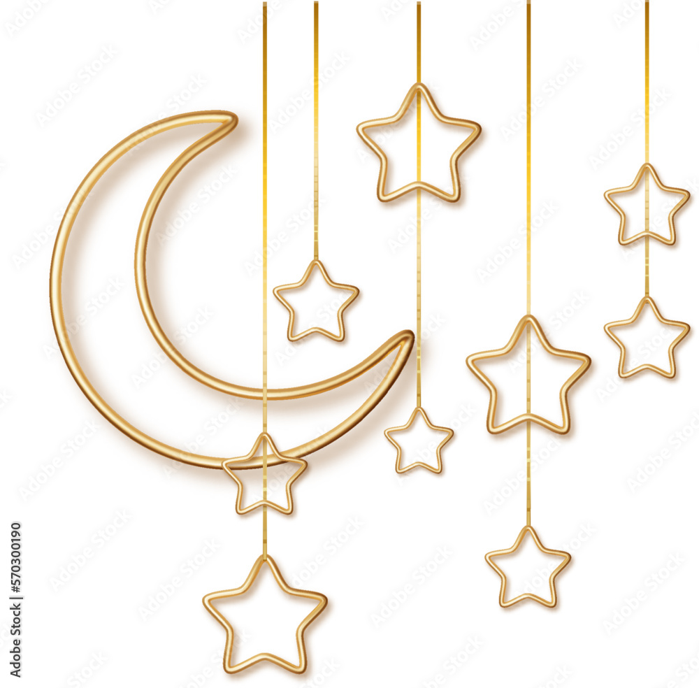 Ramadan realistic golden crescent moons with hanging stars isolated PNG ...