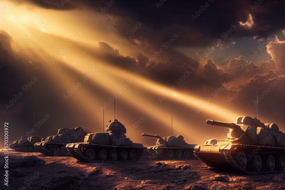 A holy war scene of a group of tanks riding under a dramatic sky into ...
