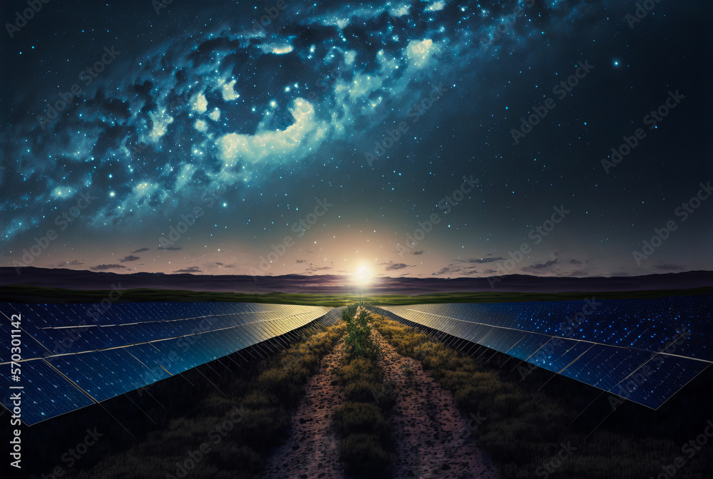 Solar farm under the starry sky of the Milky Way, for a renewable and ...