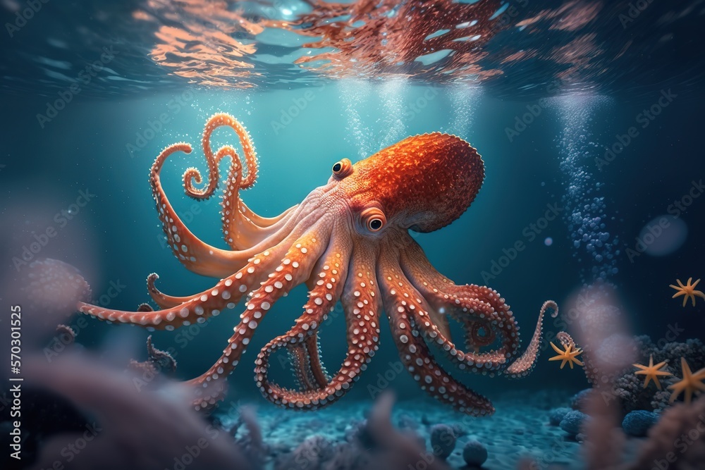 Octopus in water. Swimming animal picture in blue. Seashore life: coral ...