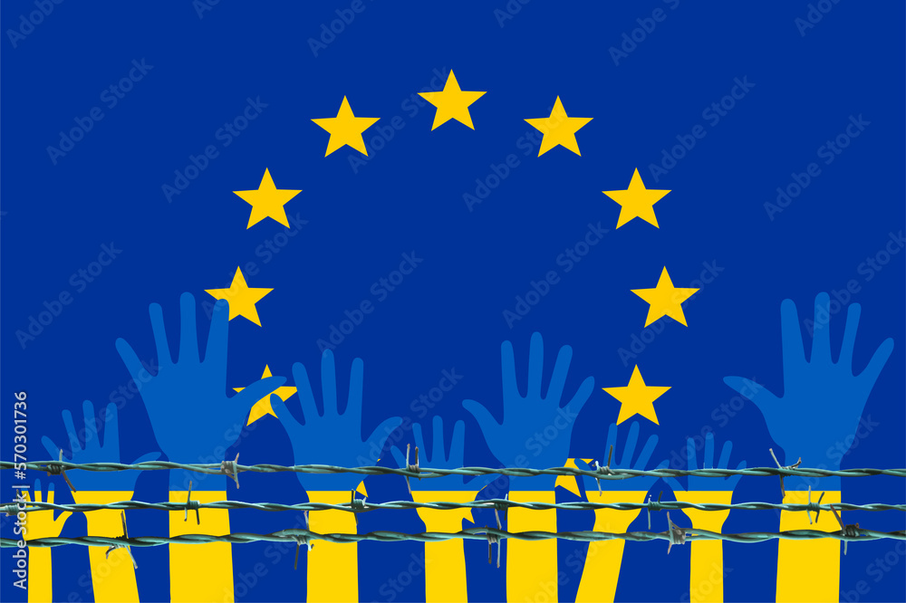 Help Ukraine. European flag background, blue and yellow raised people ...