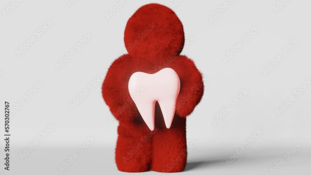 Furry Yeti monster holds red aching painful molar tooth 3D animation ...