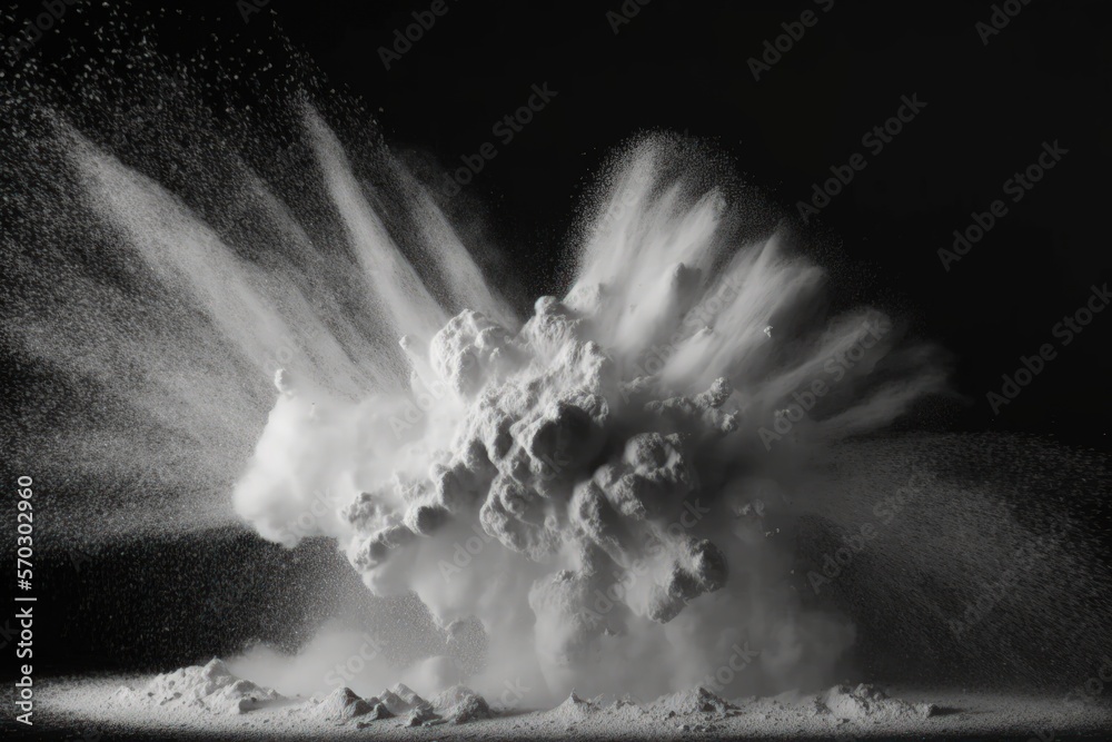 White dust eruption in slow motion against a dark background. halting ...