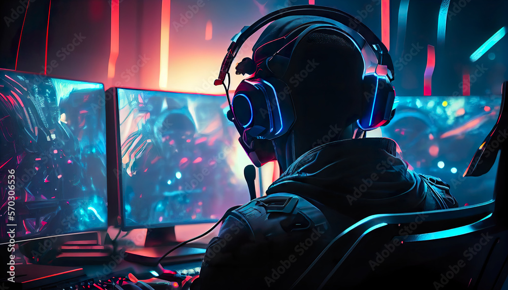 Professional eSports gamer in action playing on his computer Stock ...