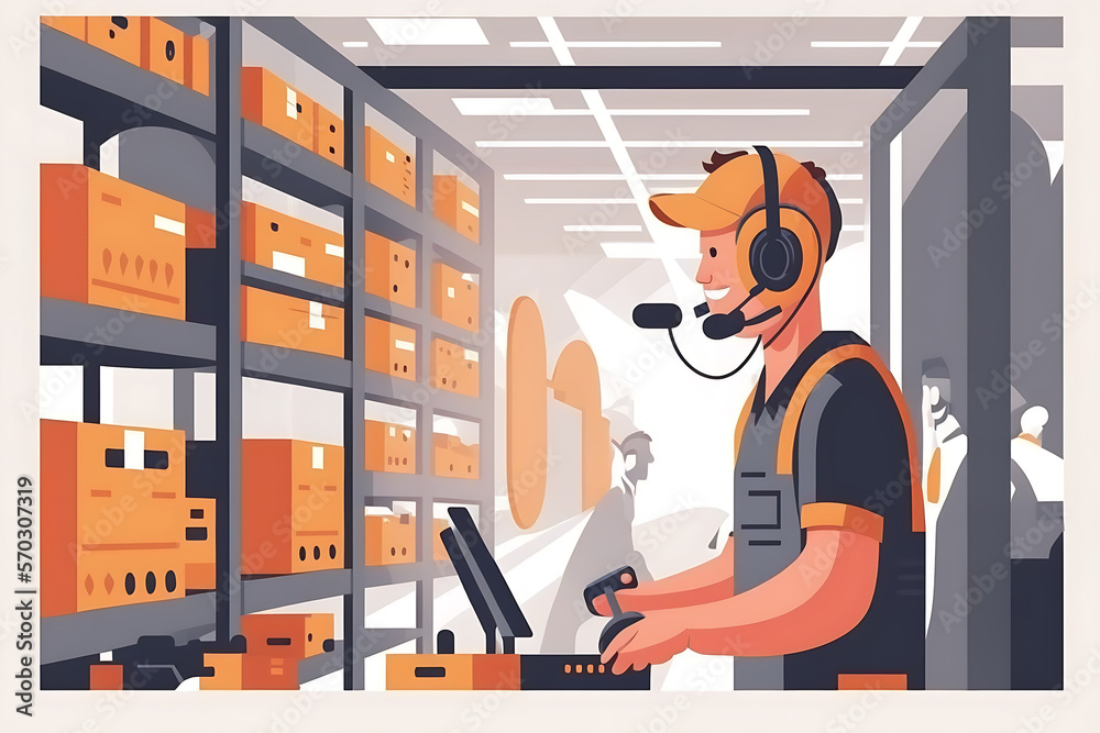 Flat vector illustration Male warehouse worker using headset to pick ...