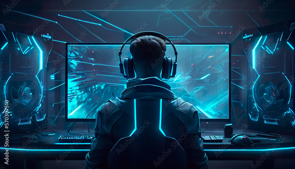 Professional eSports gamer in action playing on his computer Stock ...