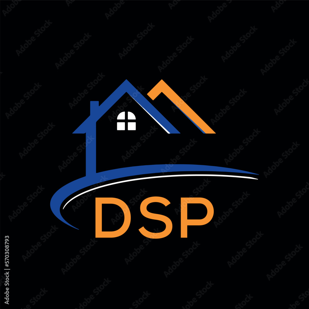 DSP house logo, letter logo. DSP blue image on black background and ...