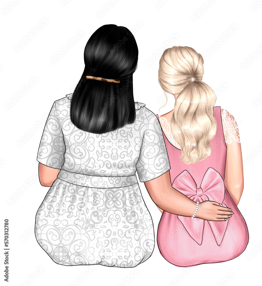 Mom and daughter sit with their backs in an embrace. Mother and ...