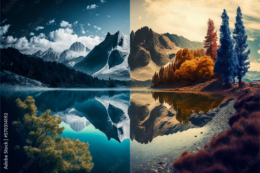 Different seasons are represented in this mountain landscape, providing ...