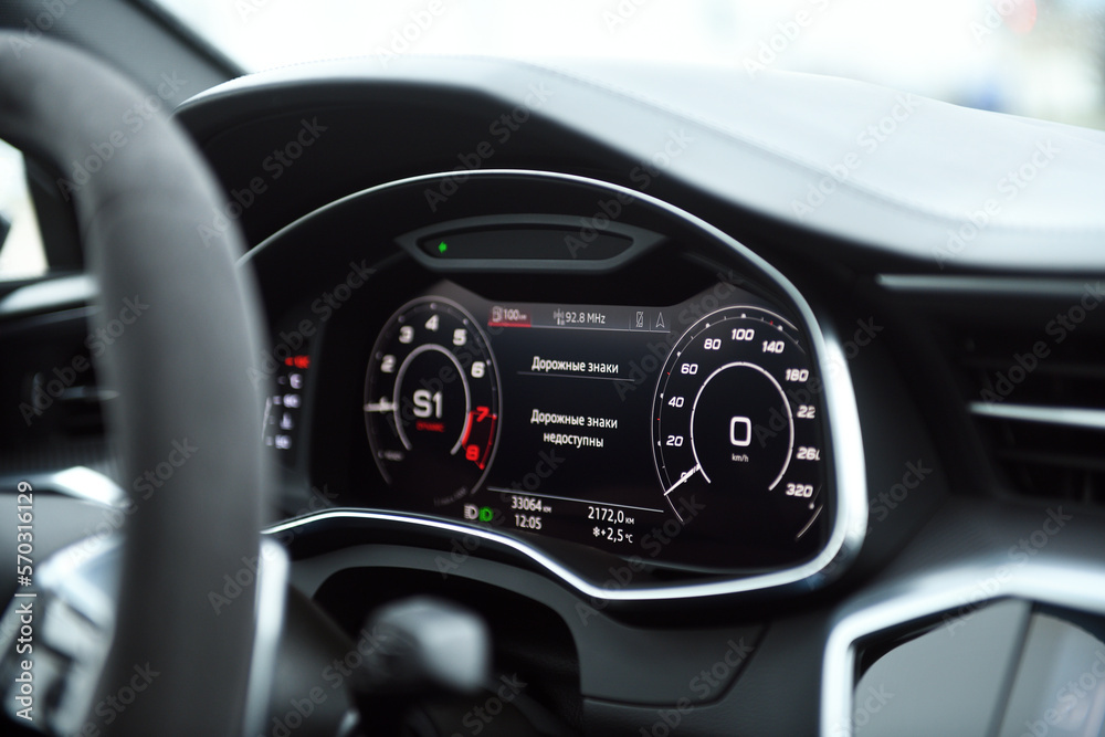 Belarus, Minsk - 24.01.2023: The speedometer of a premium car Audi RS 7 ...