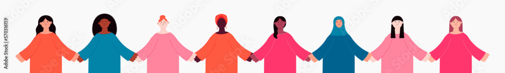 Diverse beautiful modern women, girls group, holding hands. Flat style ...