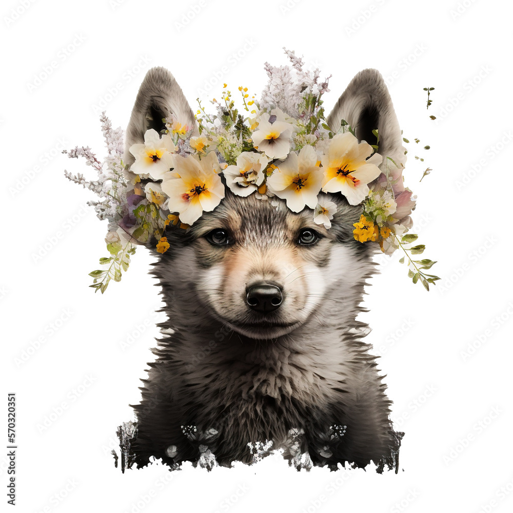 a cute fluffy baby wolf illustration with a crown of spring flowers on ...