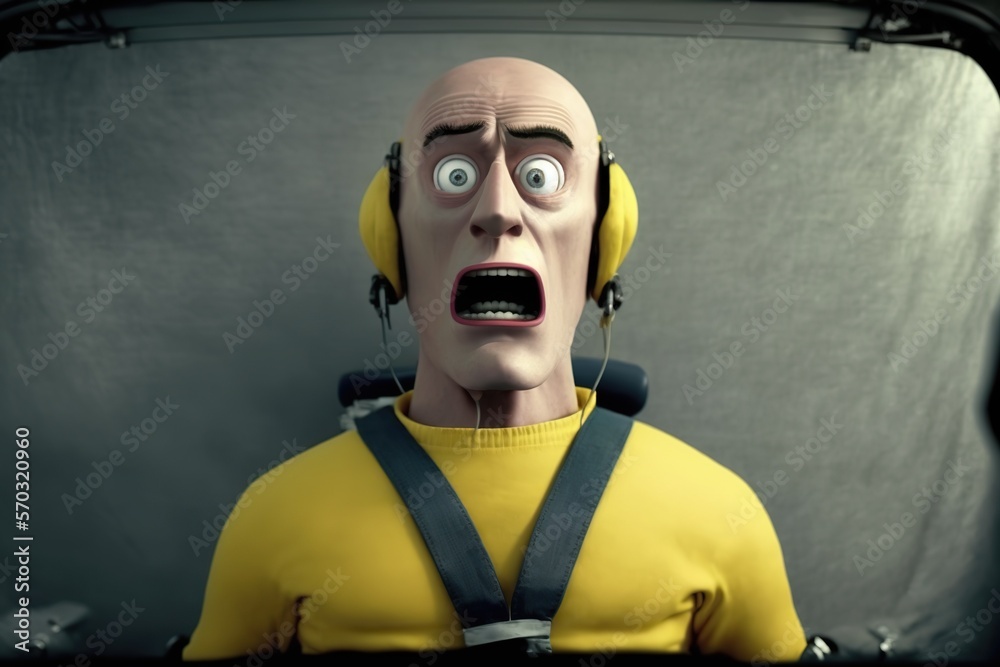 Scared crash test dummy inside car, automobile testing and safety ...
