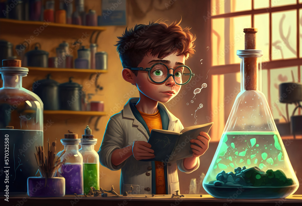 kid scientist in laboratory. sketch art for artist creativity and ...