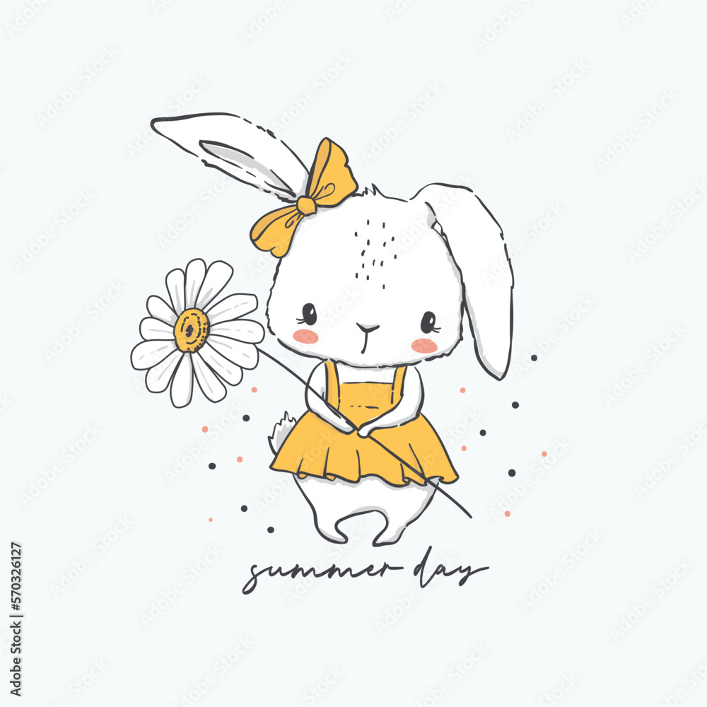 Hand drawn cartoon vector illustration for kids with little bunny. Cute ...