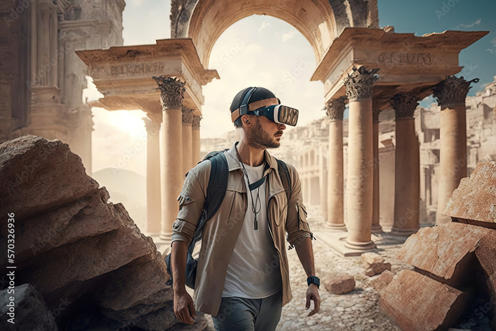 man wearing VR goggles in antique city. Metaverse technology virtual ...