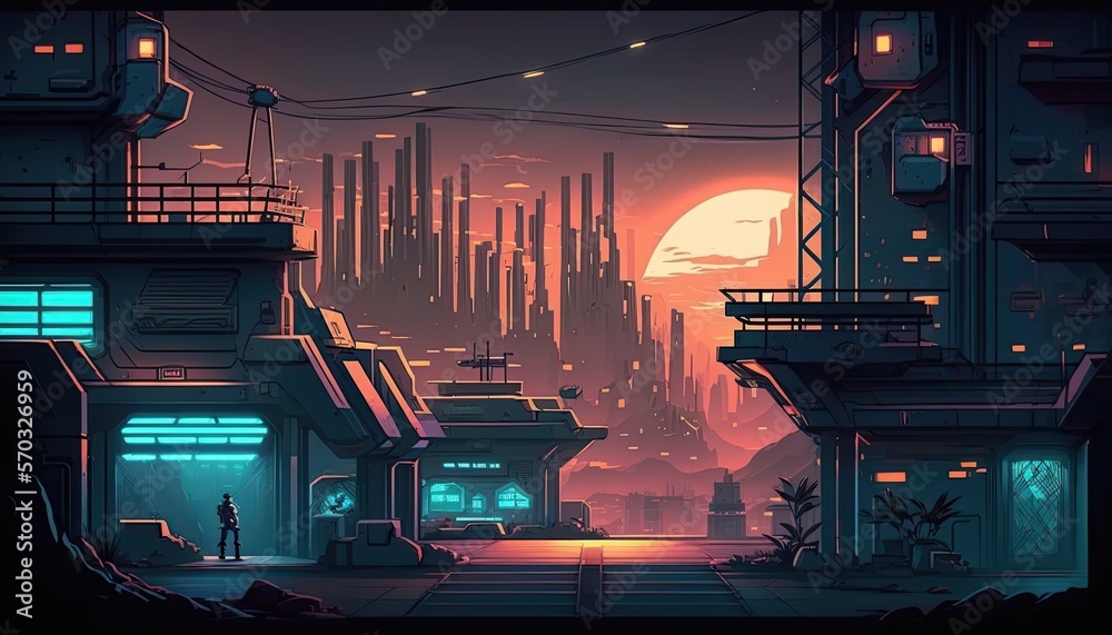 2D Cyberpunk City background environment for a battle arena mobile game ...
