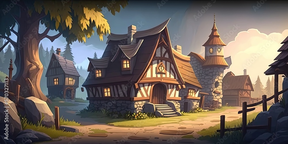 2D Medieval Village background environment for a battle arena mobile ...